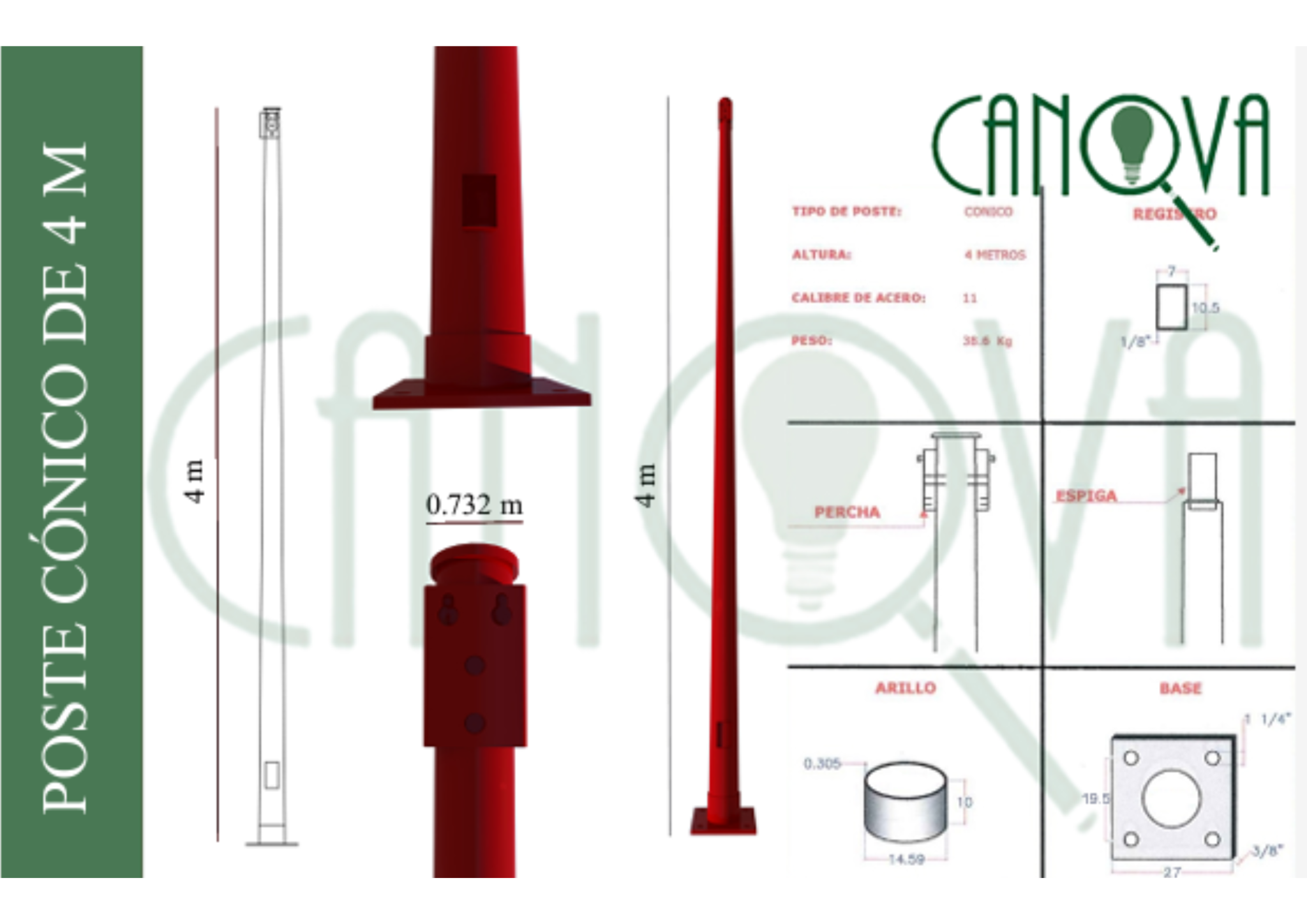 POSTE METÁLICO CÓNICO CIRCULAR 4 MTS - CANOVA Iluminacion